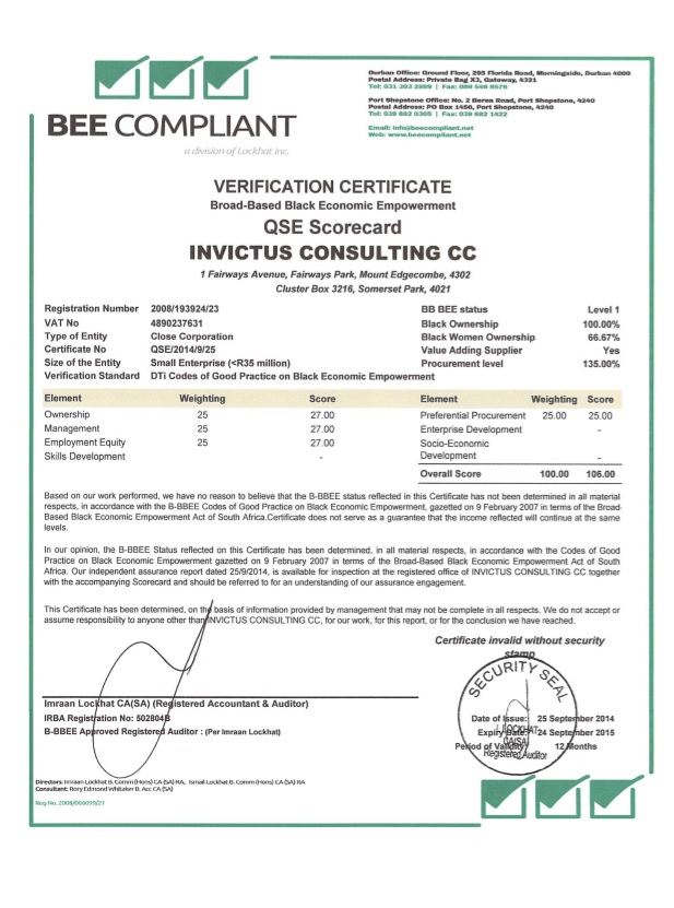 Level One BEE Status – Invictus Charted Accountants